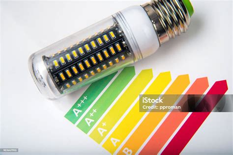 에너지 등급 차트와 Led 램프 에너지 효율성 개념 Led 조명에 대한 스톡 사진 및 기타 이미지 Led 조명 개선 경제