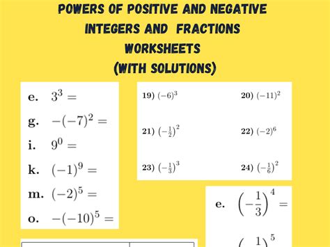 Powers Of Positive And Negative Integers And Fractions Worksheets With Solutions Teaching