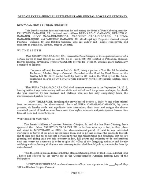 Extrajudicial Settlement And Spa Document Pdf Mortgage Law Law