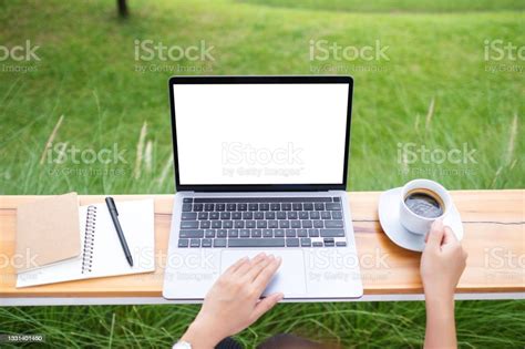 야외에서 작업하는 동안 빈 흰색 데스크톱 화면노트북 컴퓨터를 사용하는 여성 35 39세에 대한 스톡 사진 및 기타 이미지 35 39세 공란 노트북 Istock