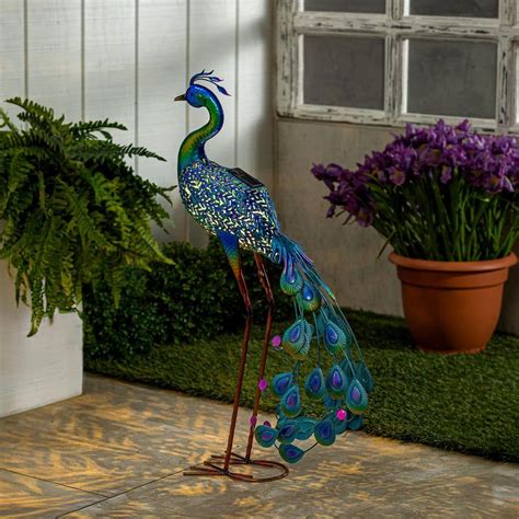 Evergreen 33 In H Metal Solar Peacock Garden Statue 2sp9243 The Home
