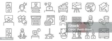 검역 라인 아이콘을 위해 집에 머물러보세요 선형 집합입니다 공구 상자 체스 청소 걸레 채팅 요리 화장품 도료 세차 빨래에 대한 스톡 벡터 아트 및 기타 이미지 Istock