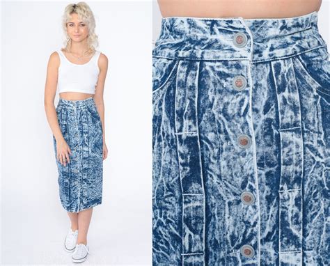 Acid Wash Denim Skirt 80s Midi Jean Skirt Exposed Button Up Pencil