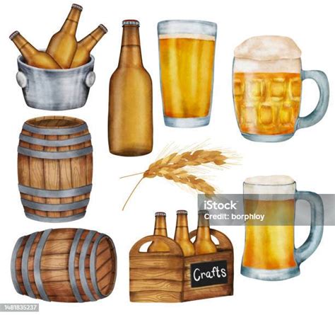 맥주 공예 알코올 음료 요소 바 펍 로고 배너 인쇄에 대 한 수채화 그림의 유리 부틀 머그잔 0명에 대한 스톡 벡터 아트 및