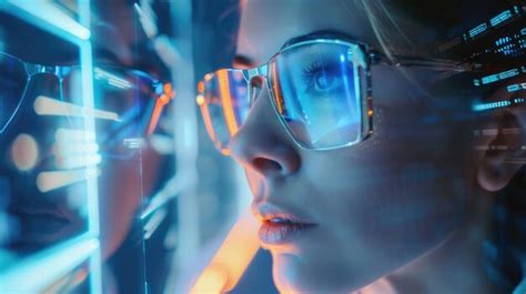 Woman Interacting With Holographic Projection Using Advanced Augmented