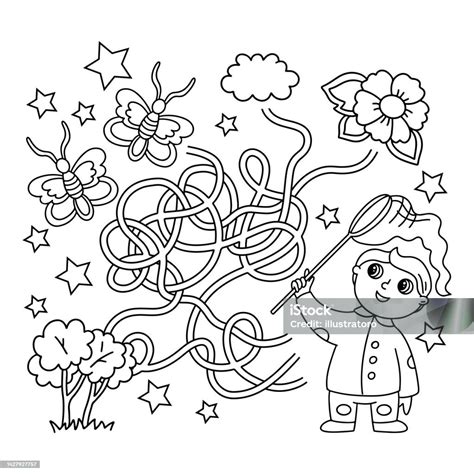 미로 또는 미로 게임 수수께끼 얽힌 도로 색칠 공부 페이지 나비 그물 나비 꽃 구름이있는 만화 아이의 개요 아이들을위한 색칠 공부 책 개념에 대한 스톡 벡터 아트 및 기타
