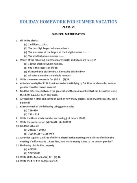 Holiday Homework Class 6 Pdf