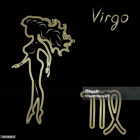 검은 바탕에 처녀 자리 조디악 기호 벡터 일러스트 고립 된 별자리 기호의 황금 그림입니다 점성 학적 디자인 요소 스텐실 개체 그룹에 대한 스톡 벡터 아트 및 기타 이미지