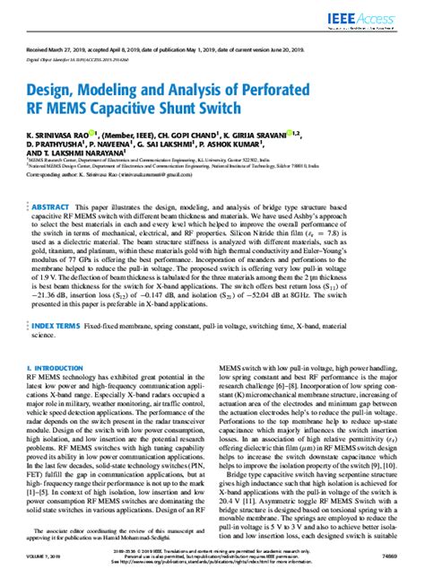 Pdf Design Modeling And Analysis Of Perforated Rf Mems Capacitive Shunt Switch