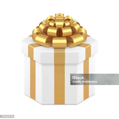 메탈릭 골든 리본 이소메트릭 3d 벡터로 장식된 고급 화이트 래핑 다각형 기프트 박스 3차원 형태에 대한 스톡 벡터 아트 및 기타 이미지 3차원 형태 경외감 공휴일