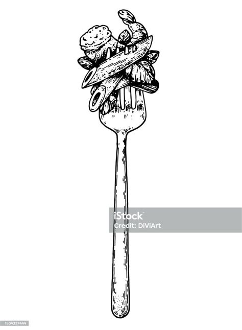 포크에 새우를 곁들인 이탈리안 파스타 손으로 그린 벡터 그림입니다 이탈리아 음식 해산물 포크 스케치에 펜네 파스타 디자인 요소입니다 개념에 대한 스톡 벡터 아트 및 기타