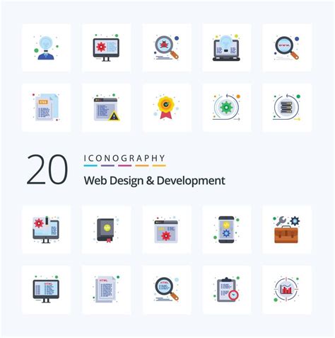 20 web design and development flat color icon pack like mobile coding