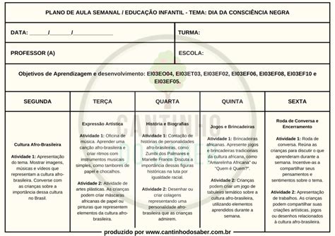 Planejamento Semanal Para Dia Da ConsciÊncia Negra Da EducaÇÃo Infantil