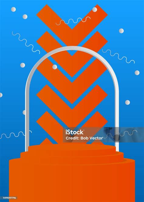 추상적인 주황색 파란색 흰색 실린더 받침대 연단 프레젠테이션을 위한 모형 무대 쇼케이스 최소한의 기하학적 제품 디스플레이 벡터 3d 미래 공상 과학 형태 빈 장면 0명에