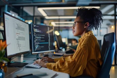 woman coder excels in diverse workplace premium ai generated image