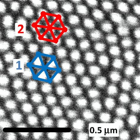 sem image of triangular array of nb dots grown on si substrate drawn