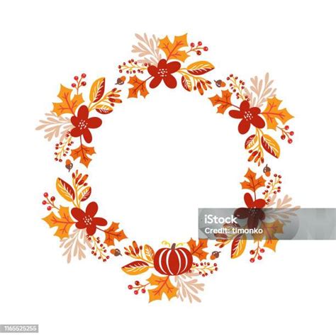 벡터 프레임 가을 꽃다발 화환입니다 주황색 잎 열매 호박은 흰색 배경에 고립되어 있으며 텍스트가 있는 장소입니다 계절휴일 추수감사절에 딱 11월에 대한 스톡 벡터 아트 및