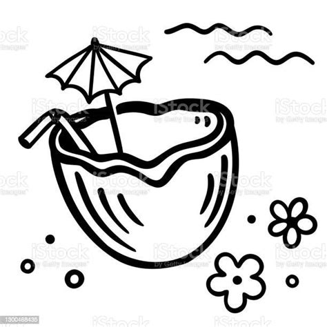 밀짚과 우산을 곁들인 코코넛을 입은 열대 칵테일 여름과 휴가 개념 손으로 그린 코코넛 음료 칵테일 만화 스타일 흰색 배경에 격리된 검은색 윤곽선입니다 벡터eps8 마실 것에