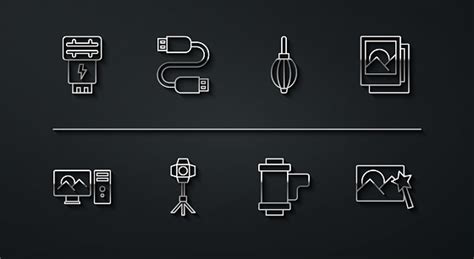 라인 사진 카메라 플래시 리터칭 프레임 카메라 롤 카트리지 소프트박스 조명 Usb 케이블 코드 및 먼지 송풍기 아이콘을 설정합니다 벡터 Usb 케이블에 대한 스톡 벡터 아트