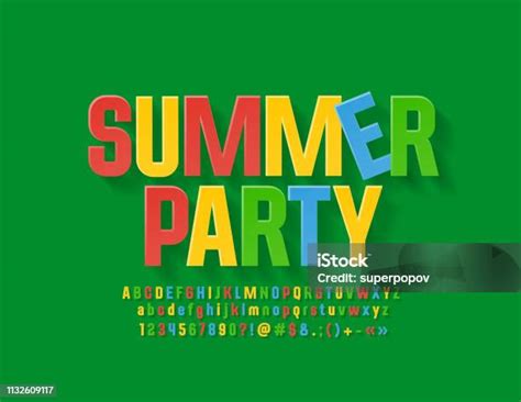 벡터 평면 알파벳 문자 숫자와 기호 화려한 포스터 여름 파티 공휴일에 대한 스톡 벡터 아트 및 기타 이미지 공휴일 광고 다중 색상 Istock