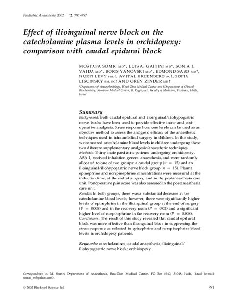 Pdf Effect Of Ilioinguinal Nerve Block On The Catecholamine Plasma