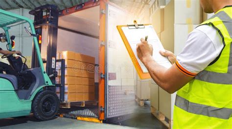 Freight Cargo Shipment With Container Truck Double Exposure Of Forklift Loading Cargo Into The
