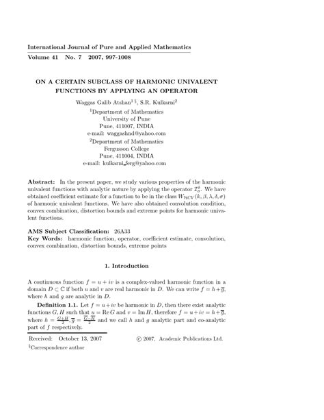 PDF ON A CERTAIN SUBCLASS OF HARMONIC UNIVALENT FUNCTIONS BY APPLYING AN OPERATOR