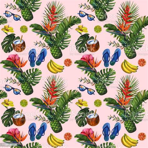 열대 야자수 잎 바나나 파인애플 음료 파티와 꽃 수채화 패턴 매끄러운 패턴 여름 배경 0명에 대한 스톡 벡터 아트 및 기타 이미지 Istock