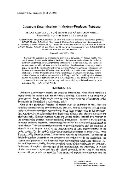 Pdf Cadmium Determination In Mexican Produced Tobacco Elizabeth Hernandez Reyes