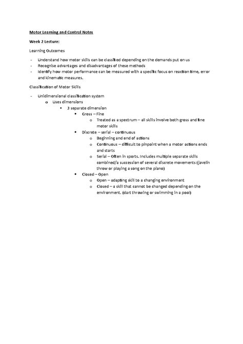 Motor Learning And Control Notes Classification Of Motor Skills Unidimensional Classification