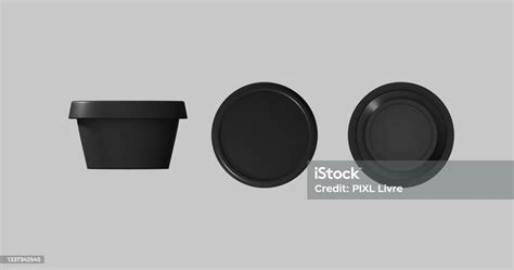 크림 버터 녹은 치즈 또는 마가린 스프레드를 위한 3d 흰색 및 검은색 원형 용기 회색 배경에서 격리된 원근 보기입니다 포장 모형 이미지 0명에 대한 스톡 사진 및 기타