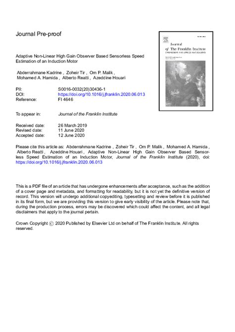 Pdf Adaptive Non Linear High Gain Observer Based Sensorless Speed Estimation Of An Induction Motor