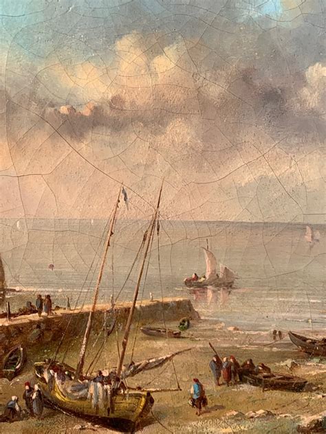 Proantic Harbor Scène At Low Tide Oil On Canvas 32x24signed Eugène