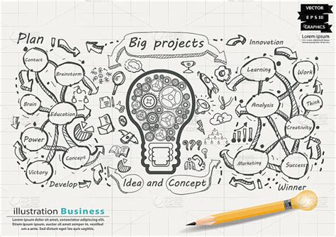 插画业务。设计创意和概念思维。为了成功，计划，思考，搜索，分析，沟通，未来的想法，创新技术现代。矢量