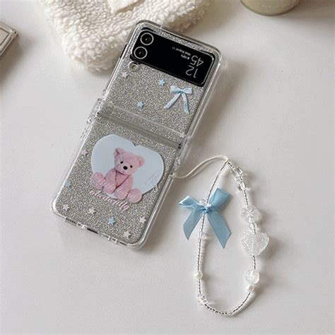 힌지보호폰줄set 블루베어 글리터 폰줄 스트랩 투명 케이스갤럭시z플립3z플립4z플립5z플립6