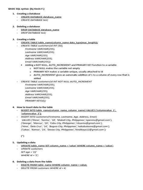 Basic Sql Syntax By Kevin F 1 Creating A Database Download Free Pdf Database Index