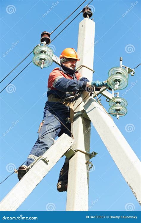 Power Electrician Lineman At Work On Pole Stock Image Image Of