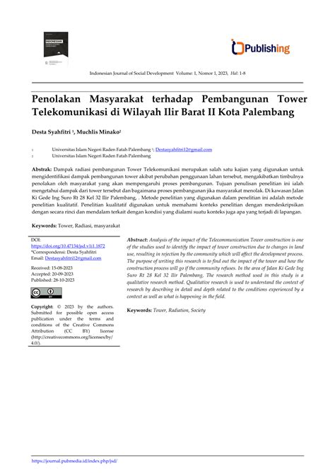 PDF Penolakan Masyarakat Terhadap Pembangunan Tower Telekomunikasi Di Wilayah Ilir Barat II