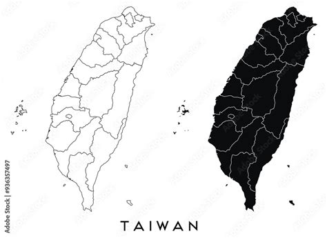 Taiwan Map Of Regions Districts Vector Black On White And Outline Stock