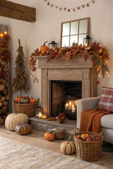 Cozy Fall Fireplace Decor Pumpkins And Dried Leaves Backdrop Fall Fireplace Decor Fall