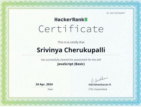 Srivinya Reddy Cherukupalli On Linkedin Javascript Hackerrank Coding Certification Html