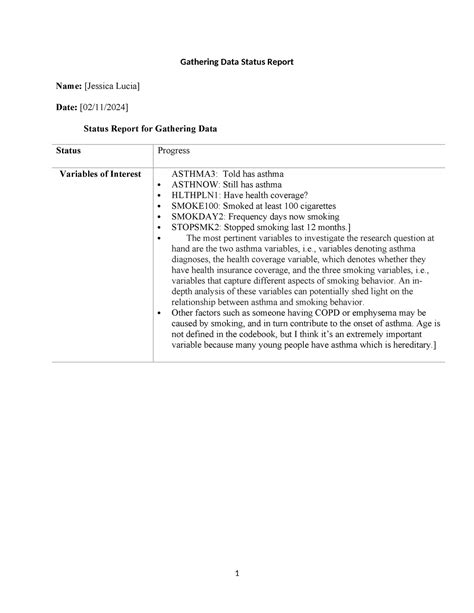 Dat 223 Gathering Data Assignment Status Report Template Gathering Data Status Report Name