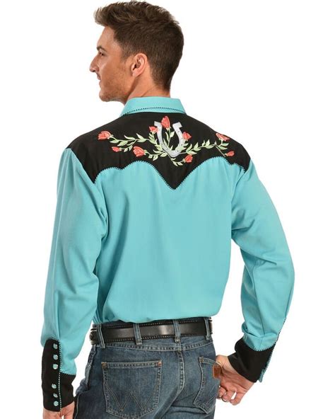 Scully Mens Rose And Horseshoe Embroidered Retro Long Sleeve Western