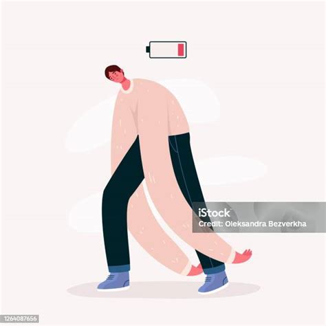 배터리가 적은 정서적 소진 남자 젊은 과로 남자는 지친 느낌 열심히 일합니다 심리적 장애 무관심 아이디어 마감일 스트레스 우울증 및 피로 개념 벡터 그림입니다 정서적 탈진에