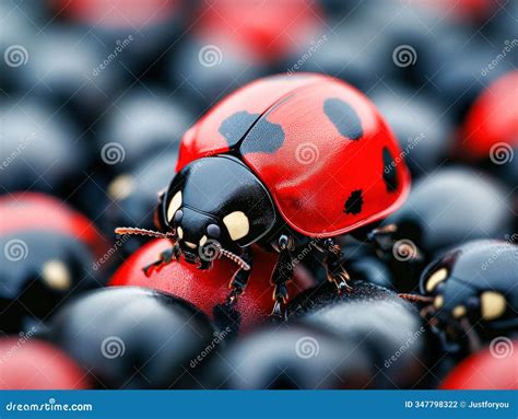 Group Of Ladybugs Facing Eye Shaped Object In Macro Photography Stock