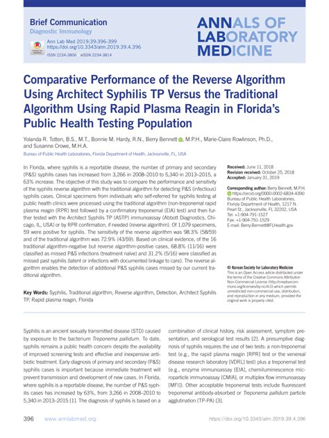 Pdf Comparative Performance Of The Reverse Algorithm Using Architect Syphilis Tp Versus The