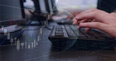 Animation Of Rotating Globe With Graph Over Cropped Hands Of Caucasian