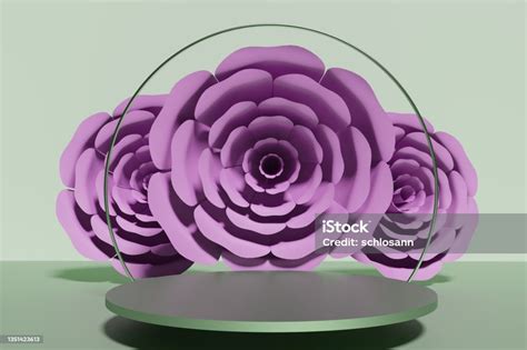 반지 아치와 달리아 핑크 꽃과 바질 녹색 금속 연단의 3d 렌더링 배경 0명에 대한 스톡 사진 및 기타 이미지 0명 10월 3차원 형태 Istock
