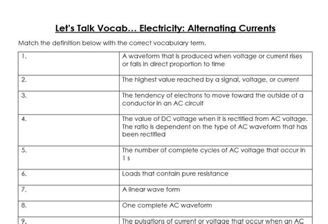 Electricity Capacitors Vocabulary Electrician Worksheet Teaching