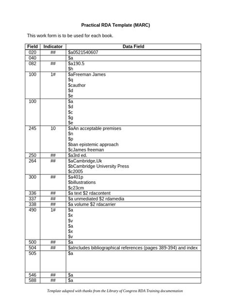 Rda Marc Template For Practicals Cn Pdf
